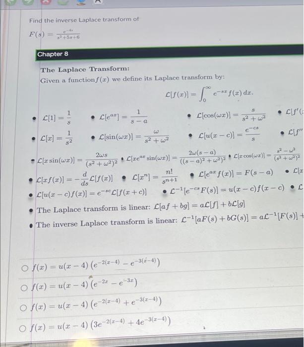 Solved Find the inverse Laplace transform of F(s)=x2+5s+6s−4 | Chegg.com