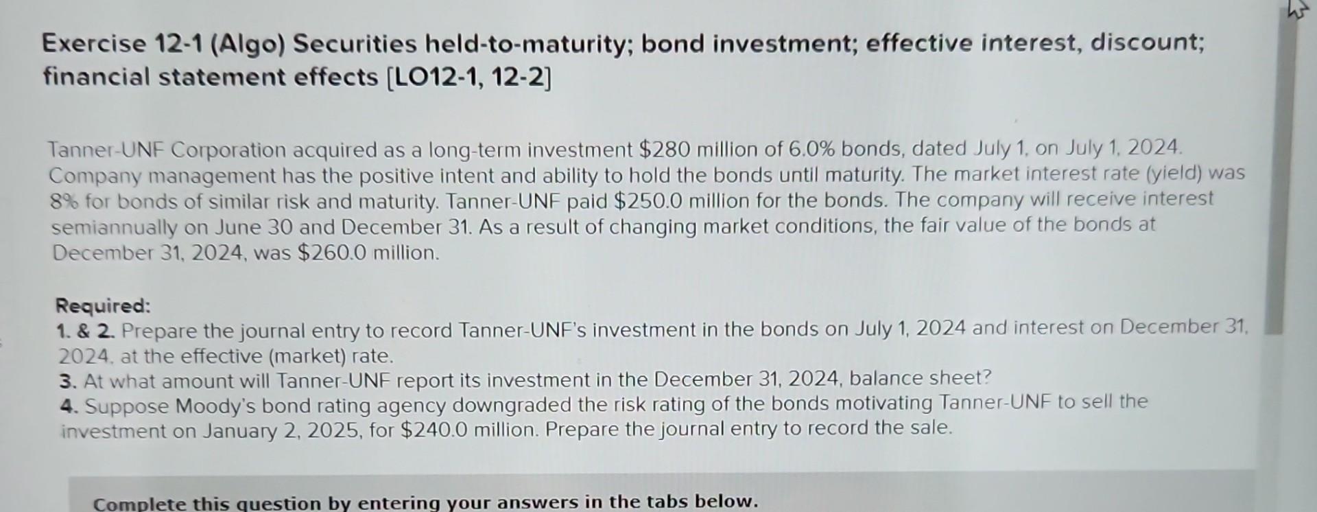 Solved Exercise 12-1 (Algo) Securities held-to-maturity; | Chegg.com
