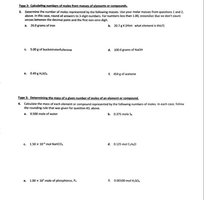Solved Type 2 Calculating Numbers Of Moles From Masses Of