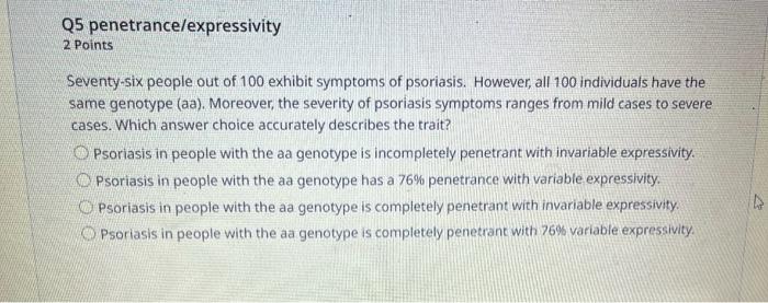 Solved Q5 penetrance/expressivity 2 Points Seventy-six | Chegg.com