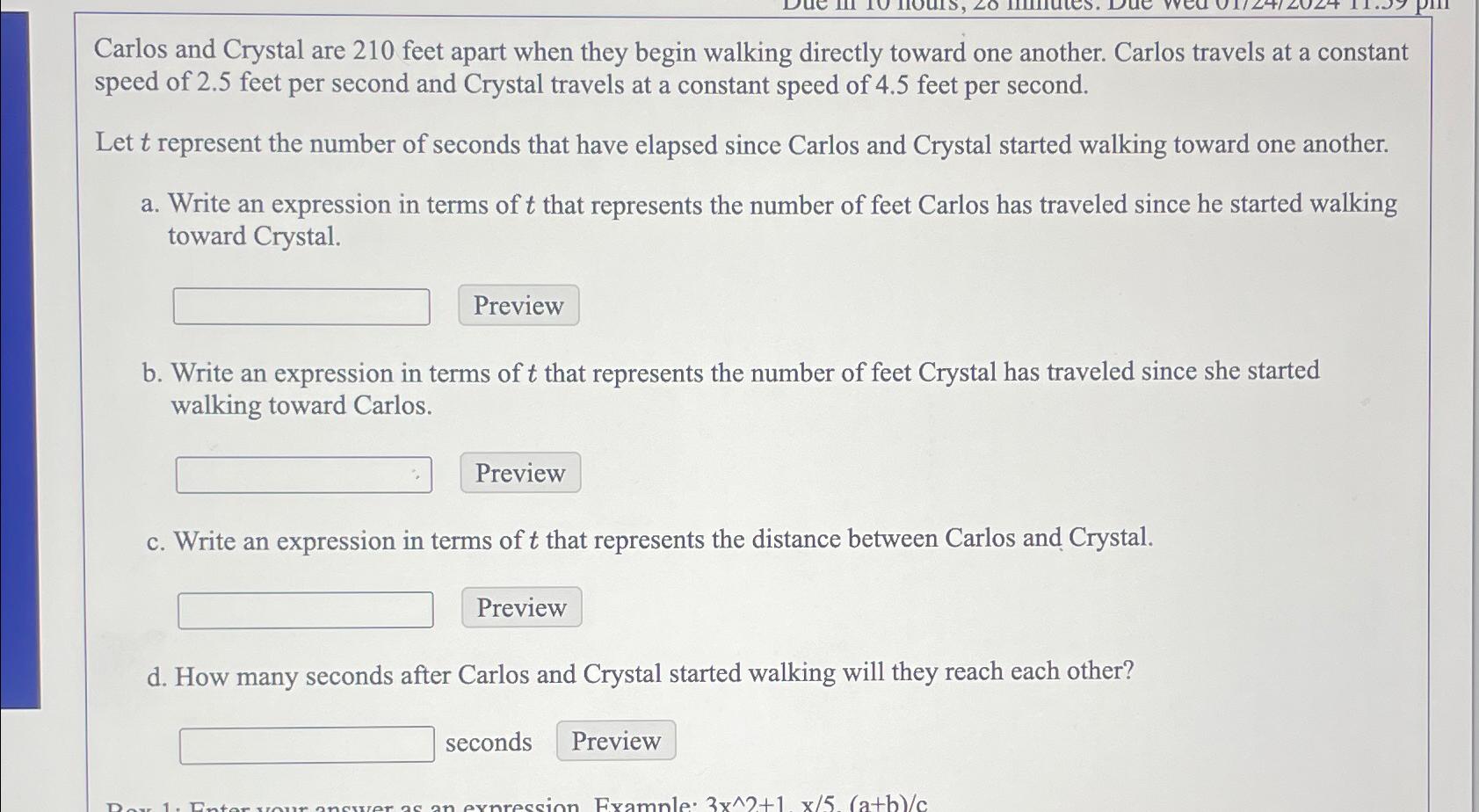 Solved Carlos and Crystal are 210 ﻿feet apart when they | Chegg.com