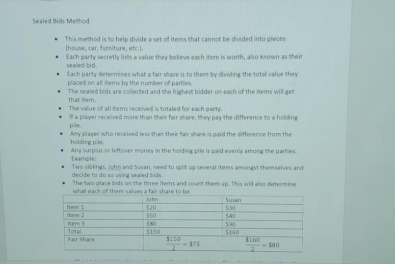 Solved Sealed Bids Method This method is to help divide a | Chegg.com