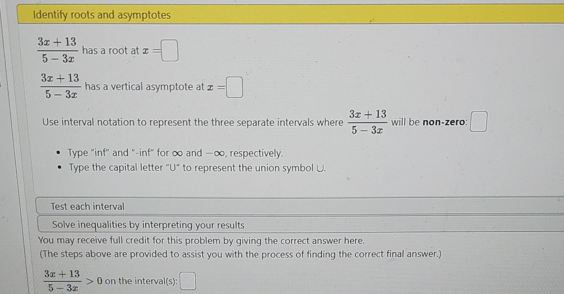 Solved 5−3x3x+13 has a root at x= 5−3x3x+13 has a vertical | Chegg.com