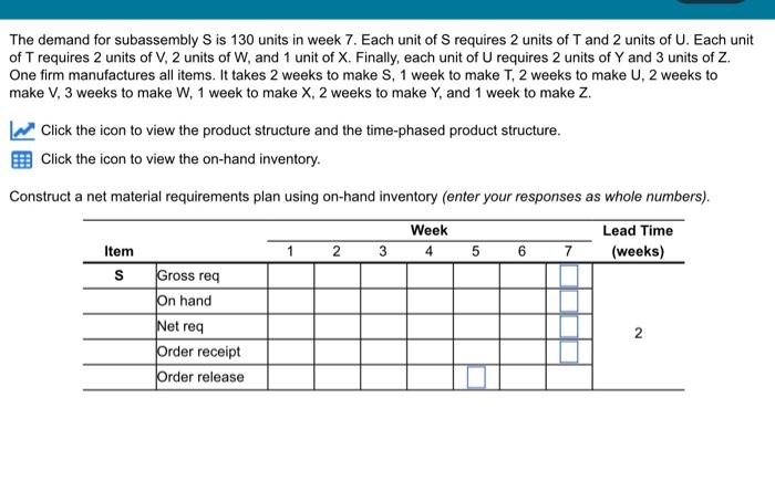 The demand for subassembly S is 130 units in week 7 . | Chegg.com