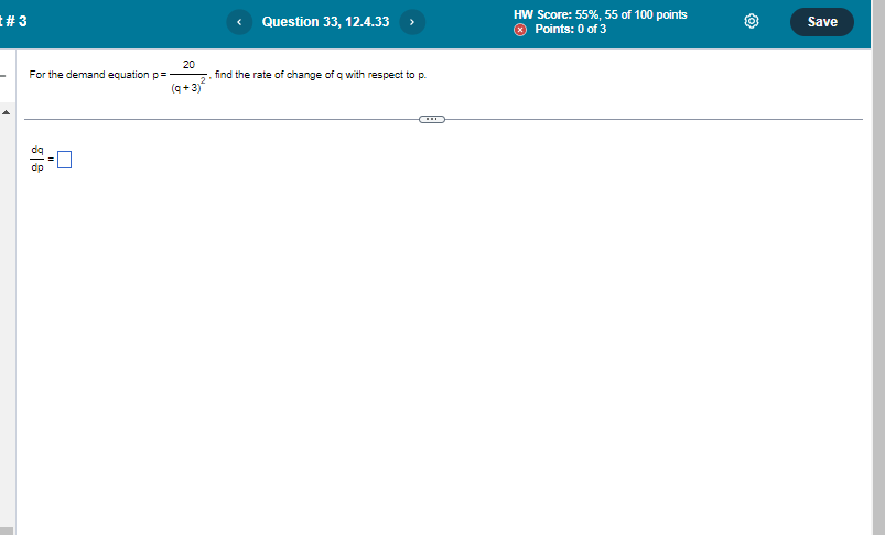 Solved For the demand equation p=20(q+3)2, ﻿find the rate of | Chegg.com