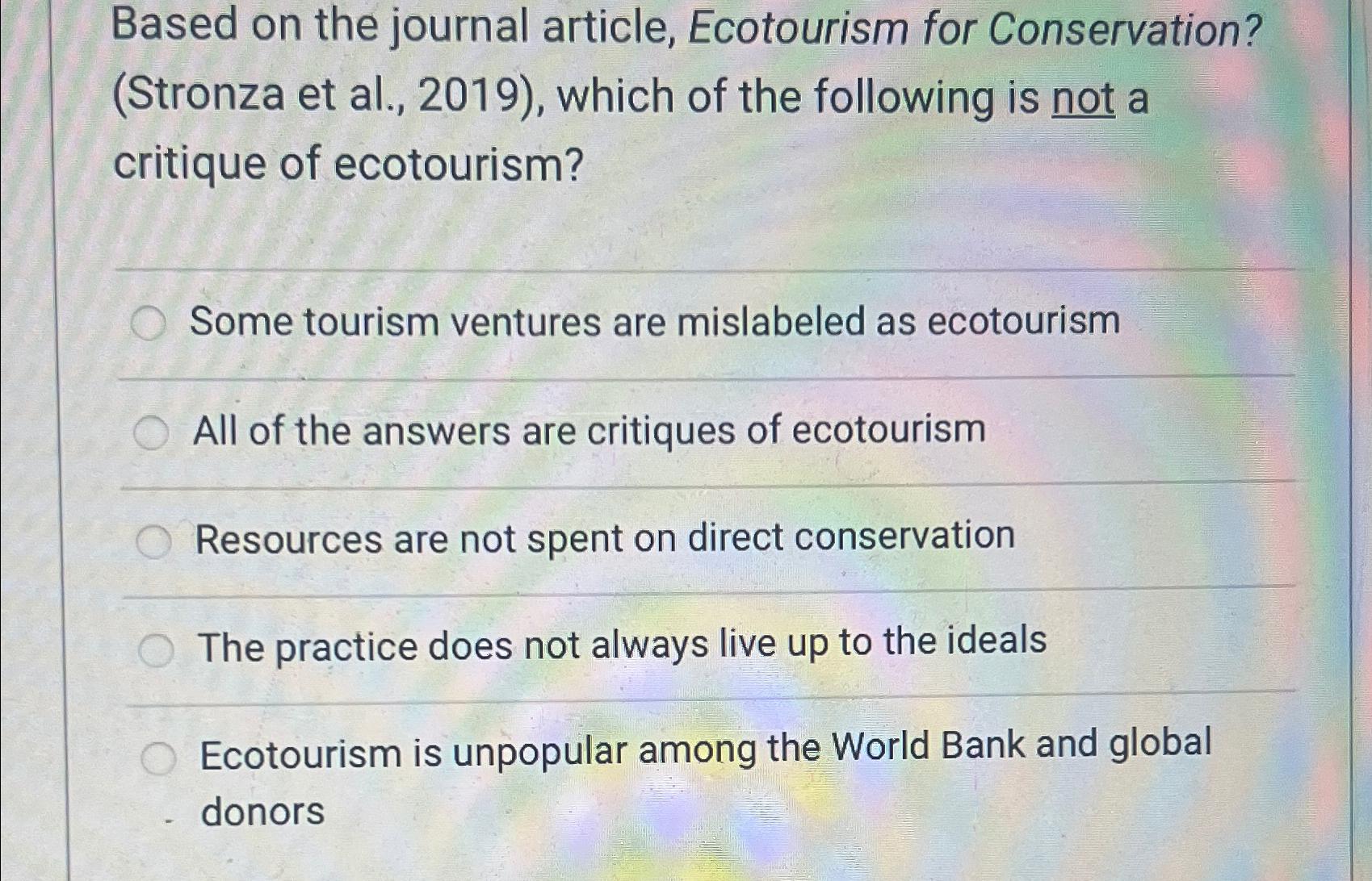 Solved Based on the journal article, Ecotourism for | Chegg.com