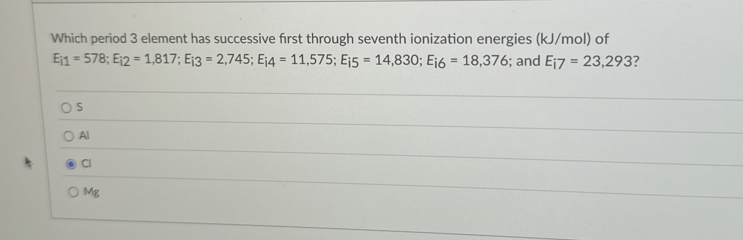 Solved Which period 3 ﻿element has successive first through | Chegg.com