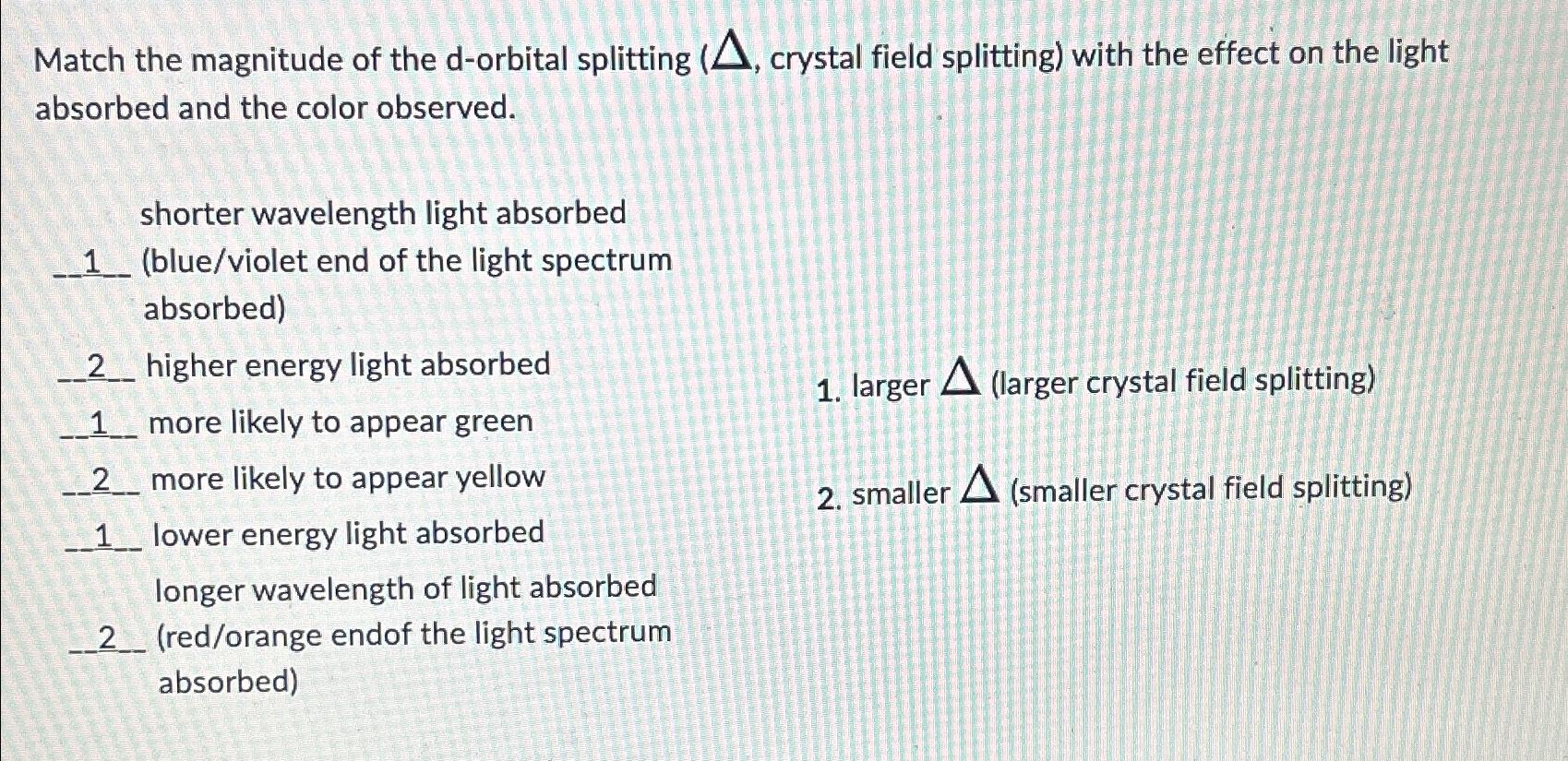Solved Match the magnitude of the d-orbital splitting , | Chegg.com