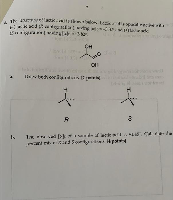 Solved 8. The structure of lactic acid is shown below. | Chegg.com