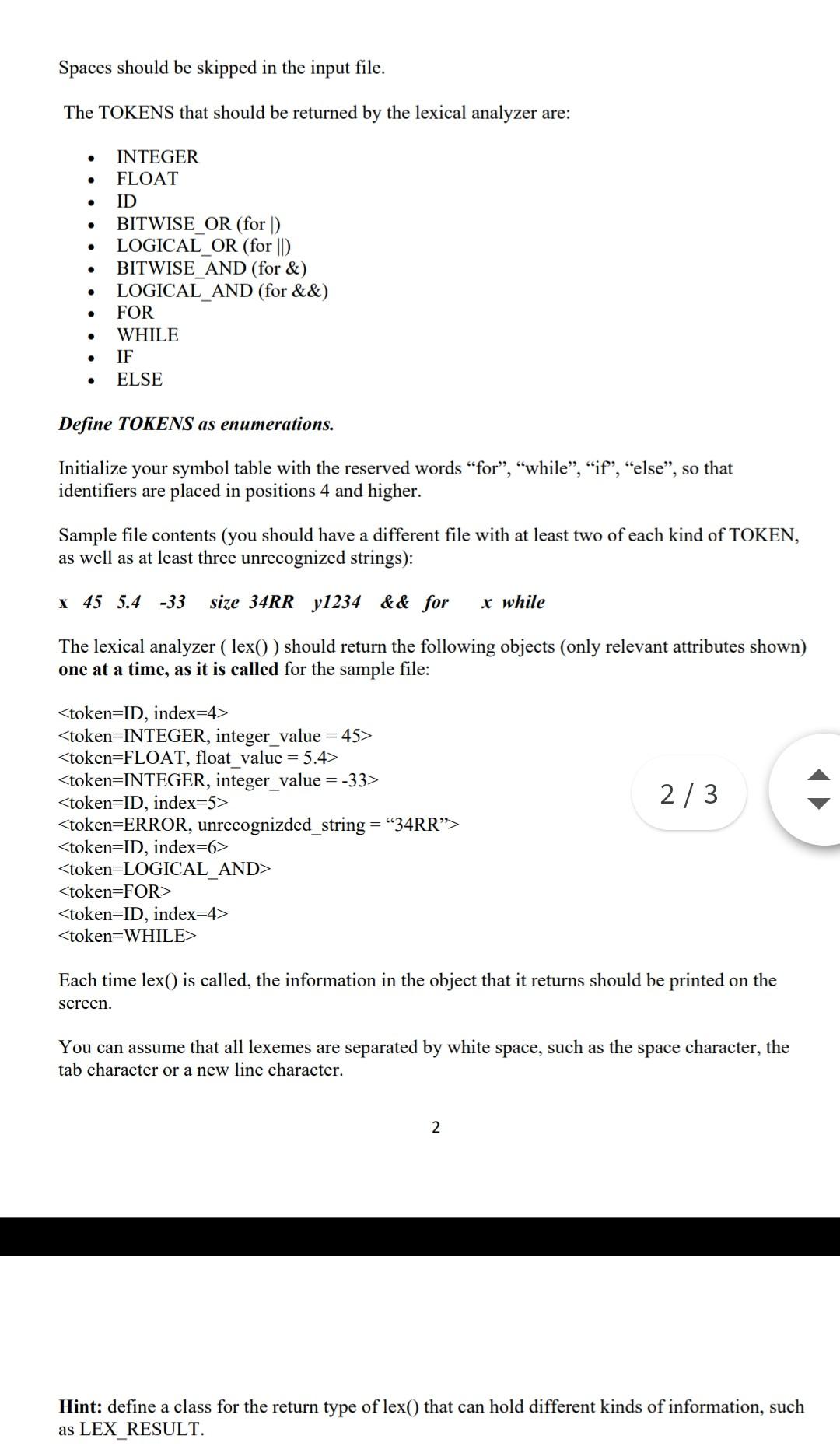Solved You Will Write A Lexical Analyzer In Python That