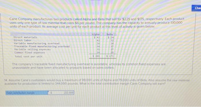 Solved Cane Company manufactures two products called Alpha | Chegg.com