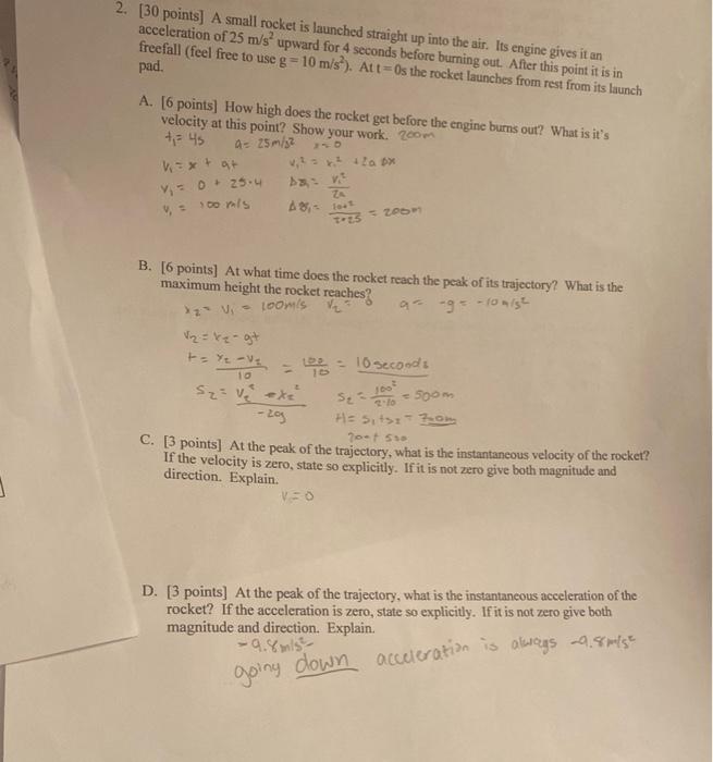 Solved 2. (30 points] A small rocket is launched straight up | Chegg.com