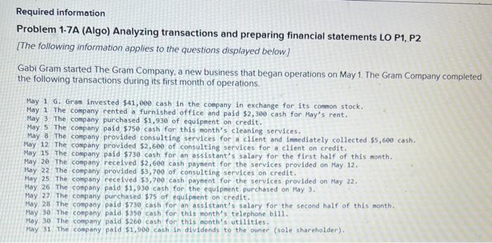 Solved Required information Problem 1.7A (Algo) Analyzing | Chegg.com