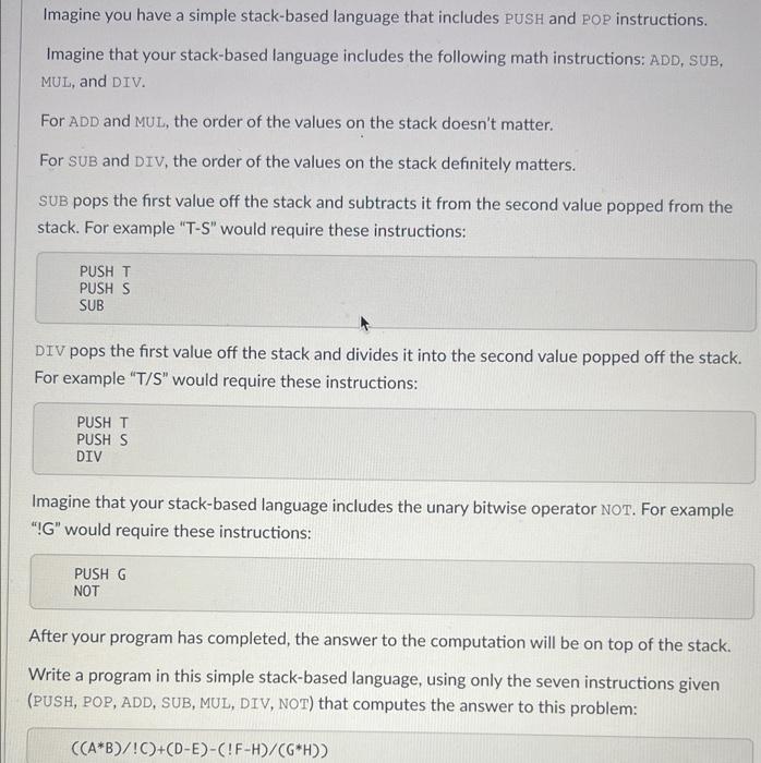Solved Imagine you have a simple stack-based language that | Chegg.com