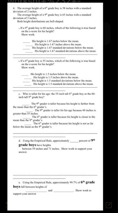 Solved 4. The average height of a 6∘ grade boy is 58 inches | Chegg.com
