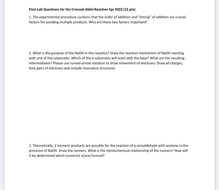 Solved Post-Lab Questions for the Crossed-Aldol Reaction Spr | Chegg.com