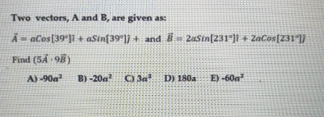 Solved Two vectors, A and B, are given as: A = aCos[390]] | Chegg.com