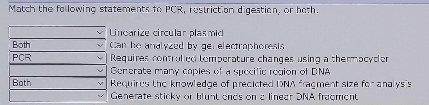 Solved Match the following statements to PCR, restriction | Chegg.com