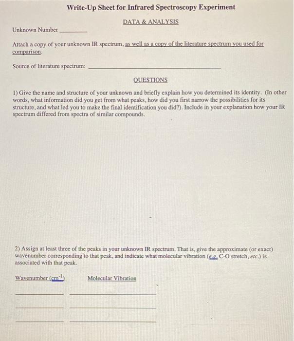 Solved Write-Up Sheet for Infrared Spectroscopy Experiment | Chegg.com