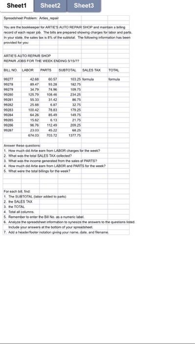 Solved Sheet1 Sheet2 Sheet3 Spreadsheet Problem: | Chegg.com