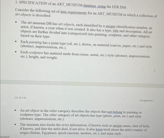 Solved 1. SPECIFICATION of an ART MUSEUM database using the | Chegg.com
