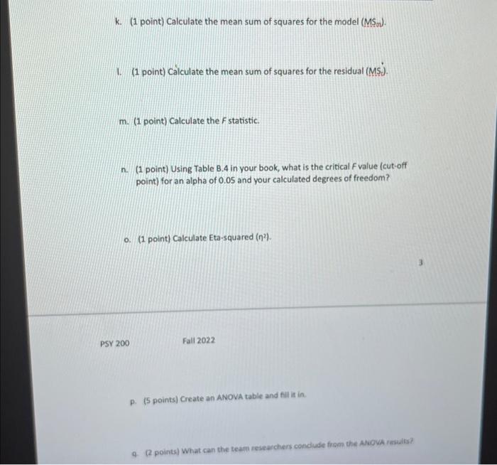Solved k. (1 point) Calculate the mean sum of squares for | Chegg.com