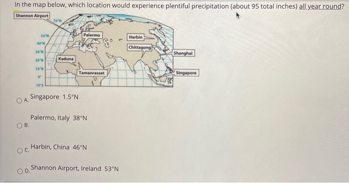 Solved In the map below, which location would experience | Chegg.com