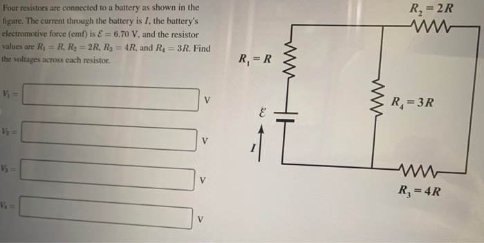 Solved R, = 2R Four resistors are connected to a battery as | Chegg.com