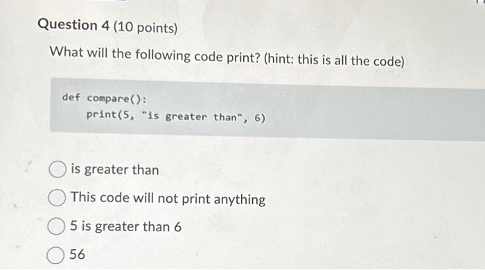 Solved What will the following code print? (hint: this is | Chegg.com
