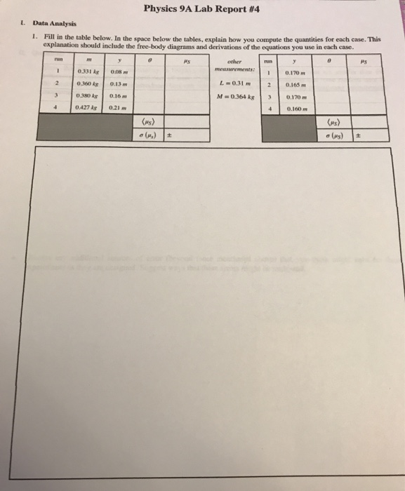 Solved Physics 9A Lab Report #4 L Data Analysis 1. Fill in | Chegg.com