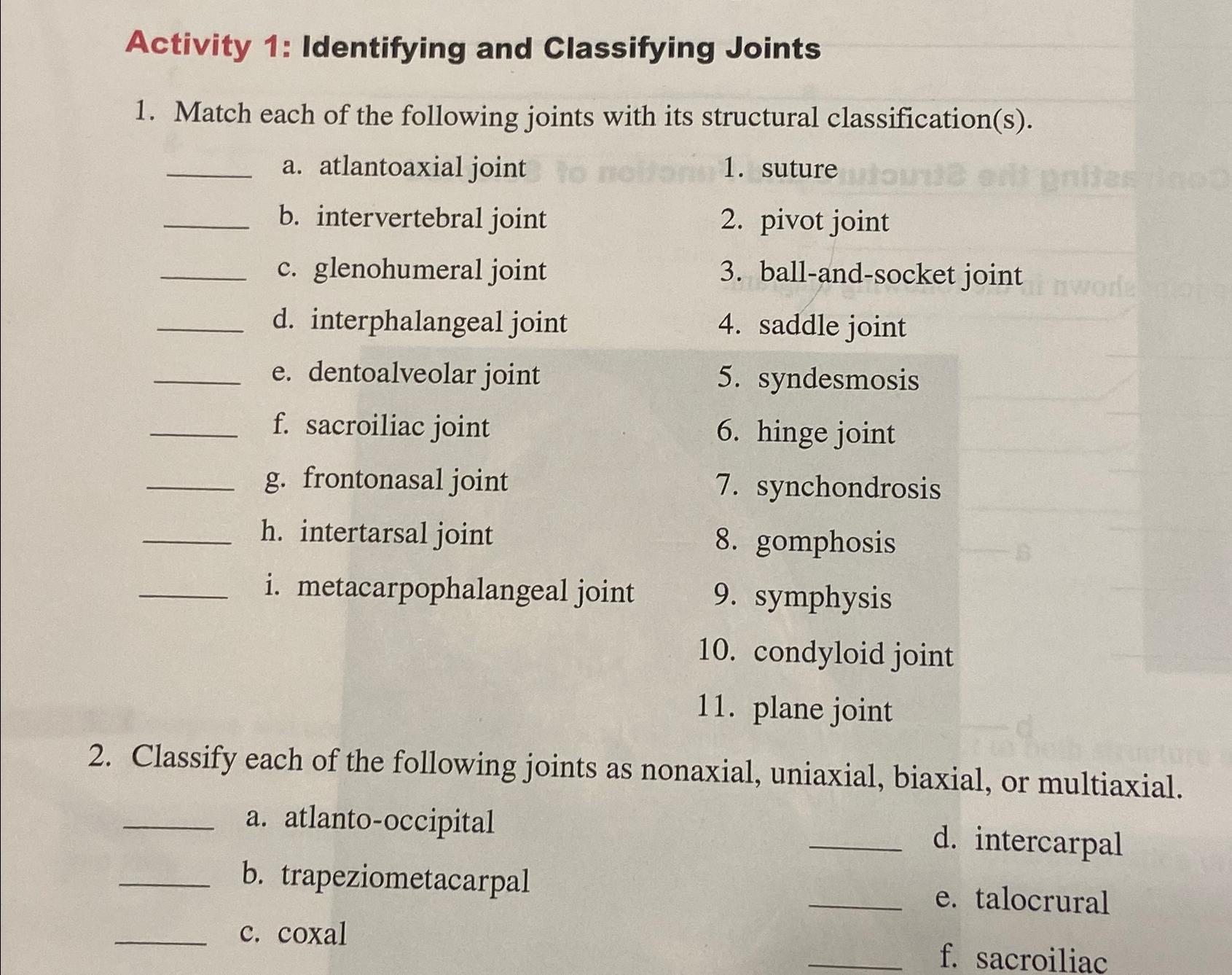Solved Activity 1: Identifying and Classifying JointsMatch | Chegg.com