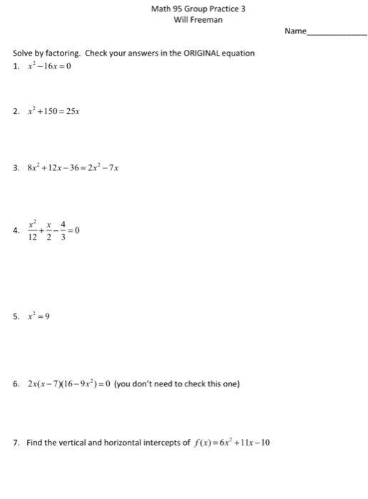 Solved Math 95 Group Practice 3 Will Freeman Name Solve by | Chegg.com