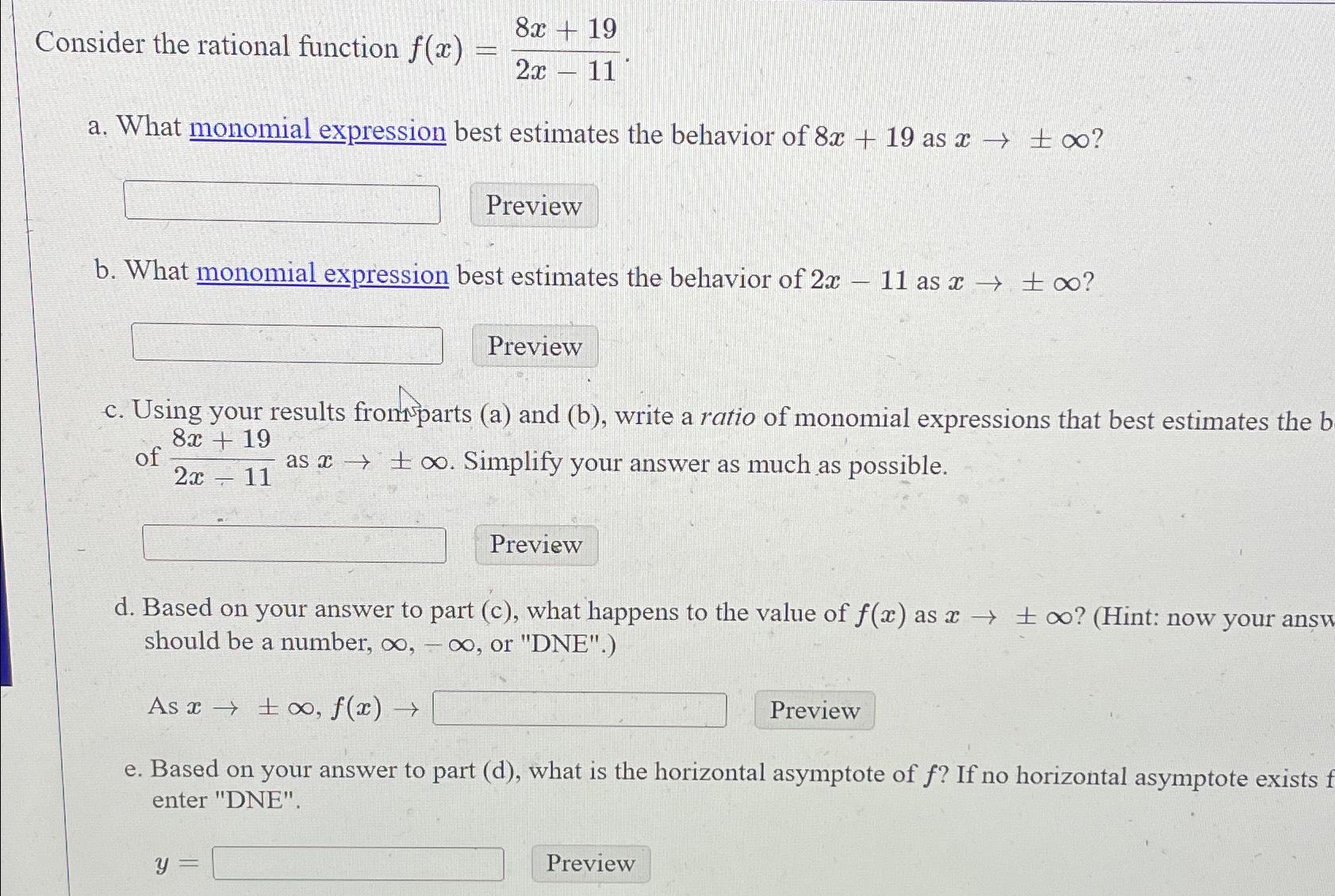 Solved Consider the rational function f(x)=8x+192x-11a. | Chegg.com