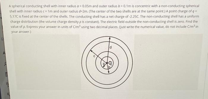 Solved A spherical conducting shell with inner radius a=0.05 | Chegg.com