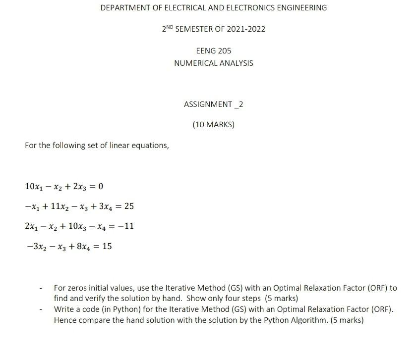 Solved DEPARTMENT OF ELECTRICAL AND ELECTRONICS ENGINEERING | Chegg.com