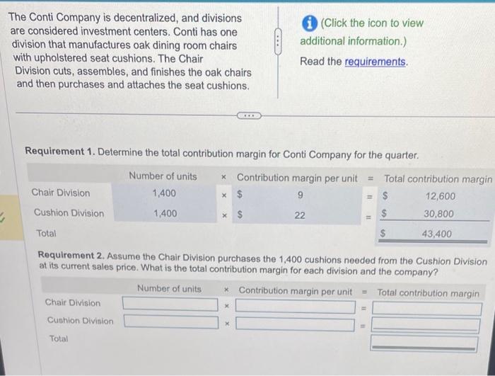 Solved The Conti Company is decentralized, and divisions are | Chegg.com