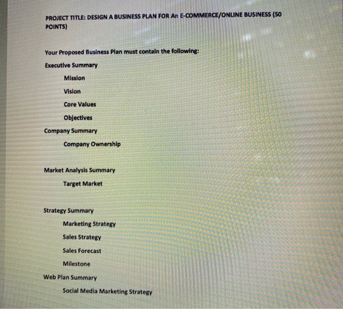 PROJECT TITLE: DESIGN A BUSINESS PLAN FOR AN | Chegg.com