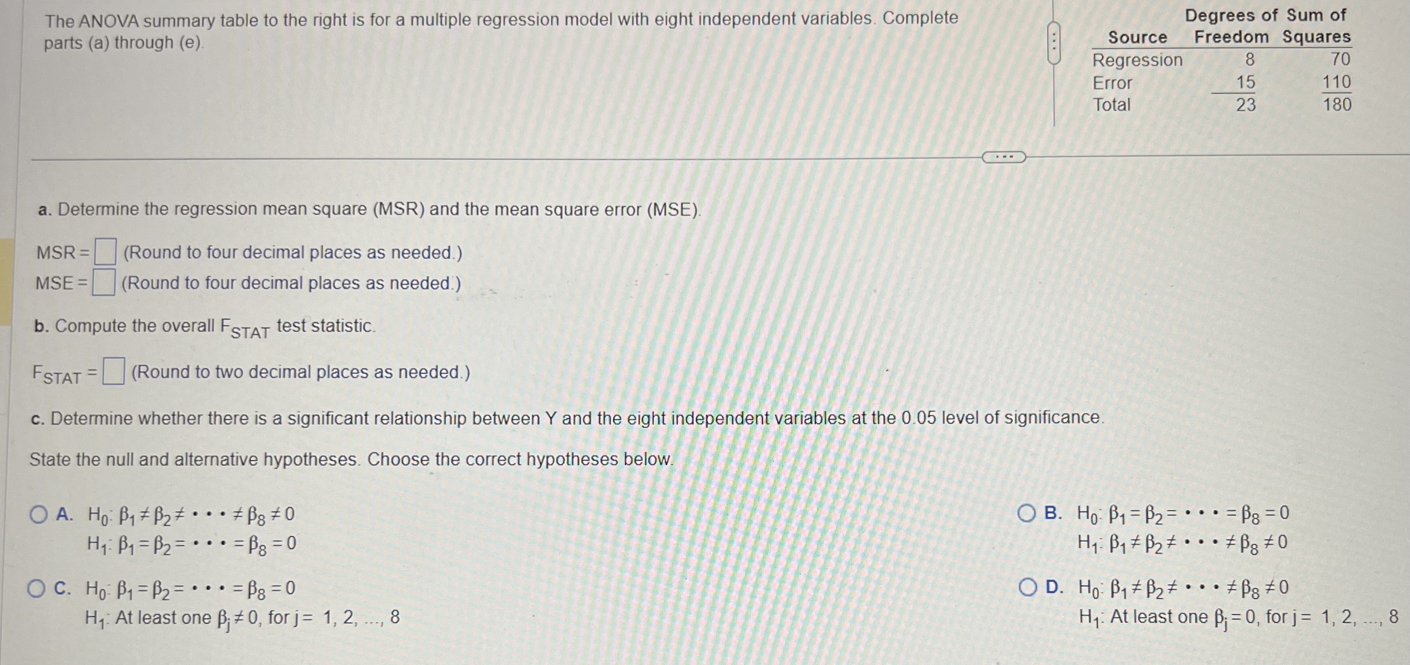 Solved The ANOVA summary table to the right is for a | Chegg.com