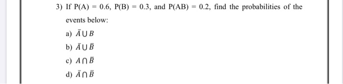 Solved 3) If P(A) = 0.6, P(B) = 0.3, and P(AB) = 0.2, find | Chegg.com