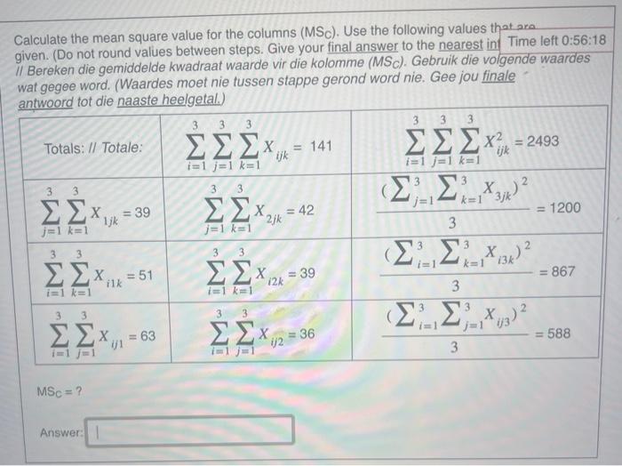 Solved Calculate the mean square value for the columns | Chegg.com