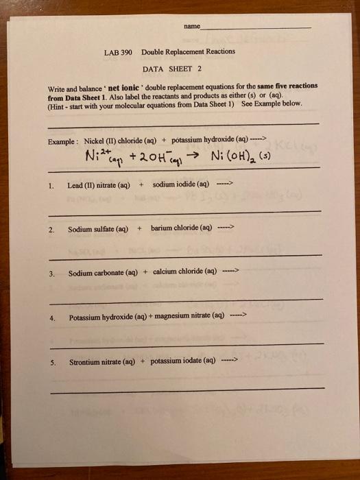 Solved name LAB 390 Double Replacement Reactions DATA SHEET | Chegg.com