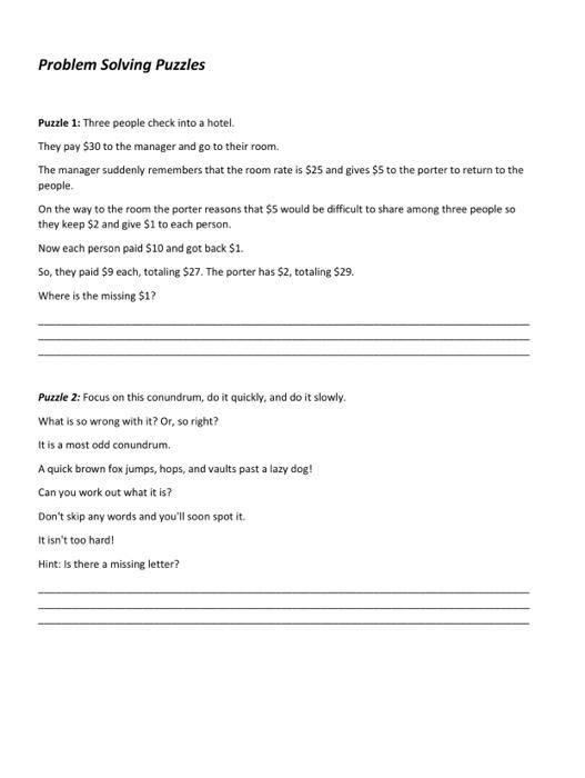 Solved Problem Solving Puzzles Puzzle 1: Three people check | Chegg.com