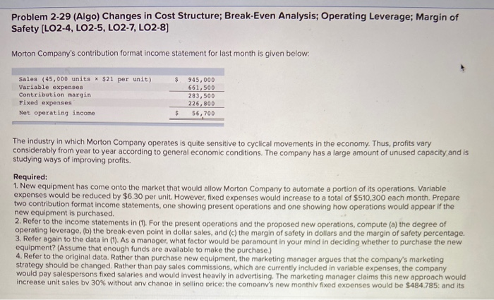 Solved Problem 2-29 (Algo) Changes in Cost Structure; | Chegg.com