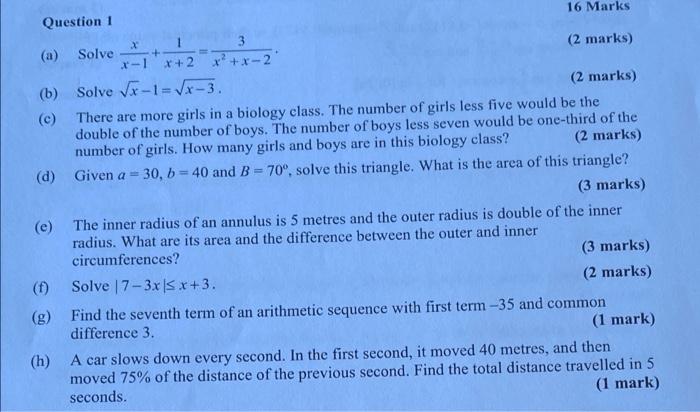 Solved 16 Marks Question 1 . (a) Solve + (2 marks) x-1 x+ | Chegg.com