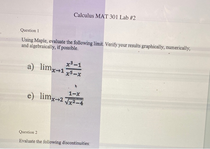 Solved Calculus MAT 301 Lab #2 Question 1 Using Maple, | Chegg.com