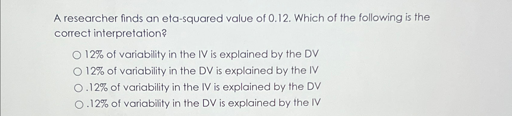 Solved A researcher finds an eta-squared value of 0.12 . | Chegg.com