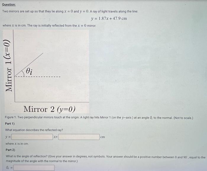 Solved Two mirrors are set up so that they lie along x=0 and | Chegg.com