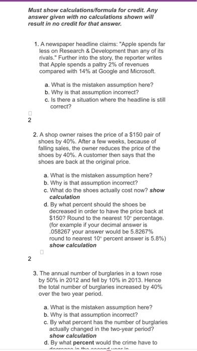 Solved Must show calculations/formula for credit. Any answer | Chegg.com