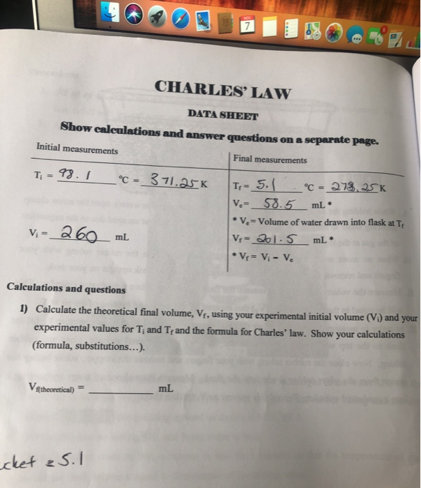 Solved 7 CHARLES LAW DATA SHEET Show calculations and answer | Chegg.com