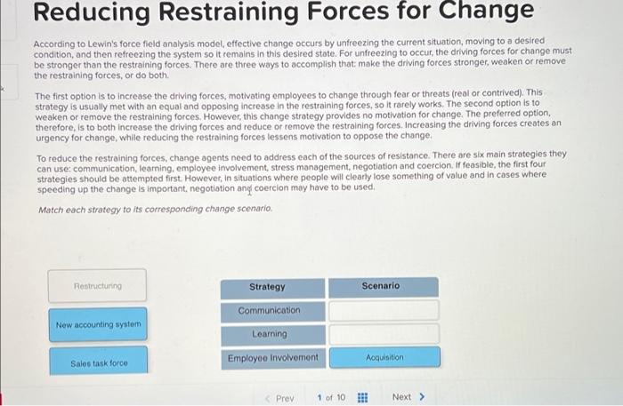 Solved Reducing Restraining Forces for Change According to | Chegg.com